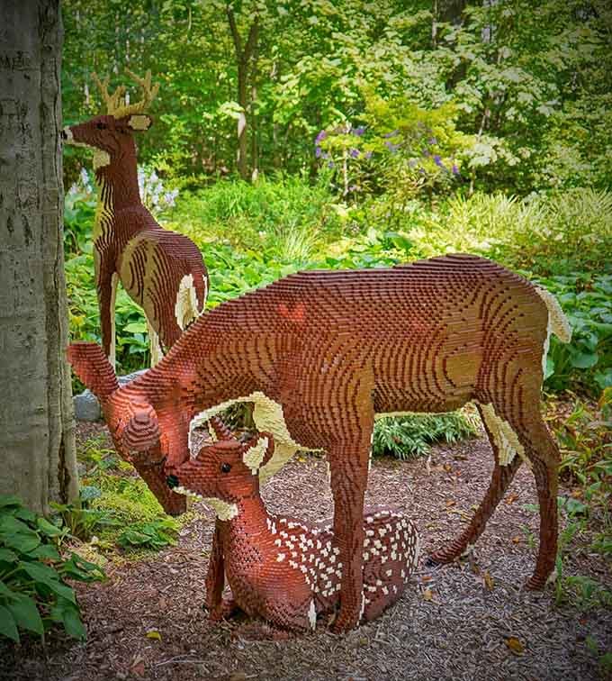 LEGO-style deer sculptures add playful charm to woodland paths where art meets nature in unexpected delightful ways.