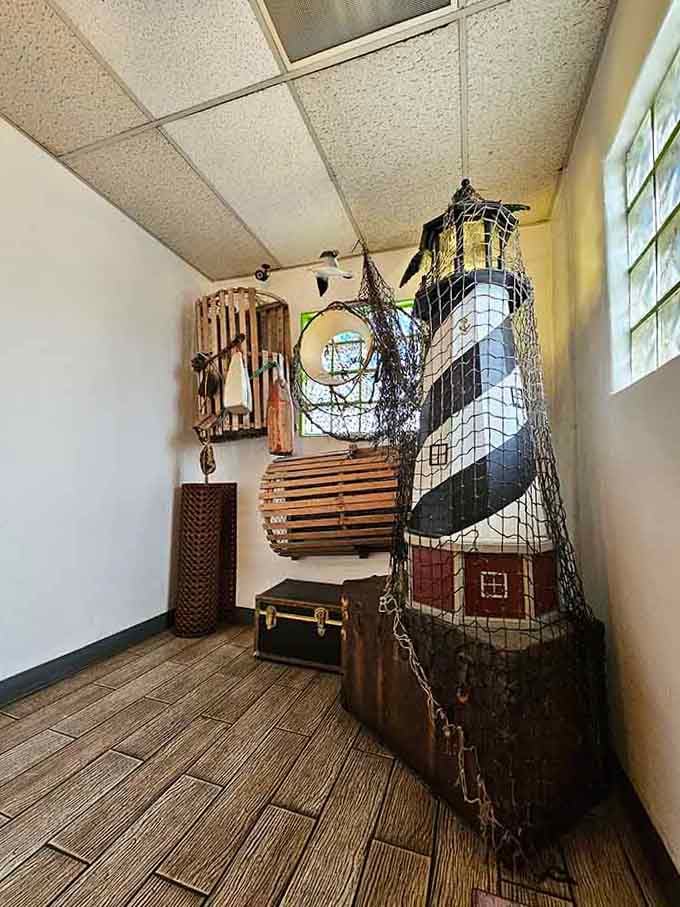 A lighthouse and nautical decor that transport you straight to the coast without leaving Phoenix.