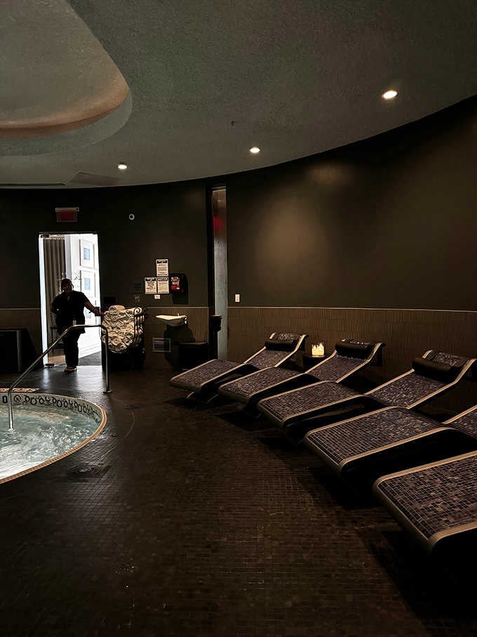 Those woven loungers and bubbling pools invite you to stay awhile in this dimly lit sanctuary.