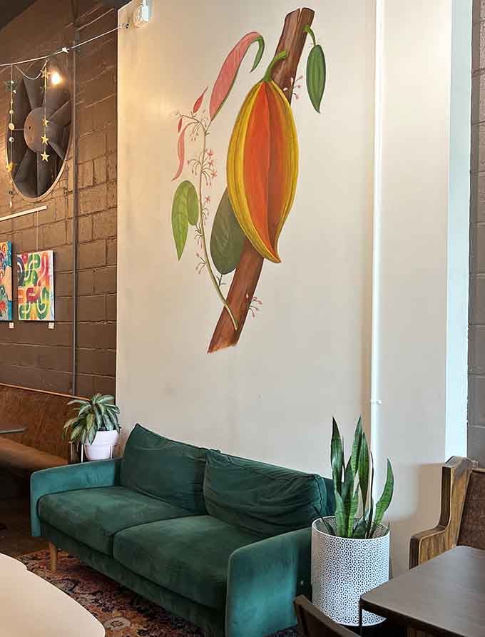 That cacao pod mural and emerald sofa create an Instagram-worthy corner that's almost too pretty for chocolate consumption. Almost.
