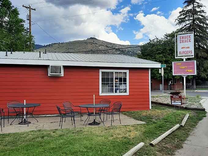 Snack Shack's bright red exterior promises the kind of casual dining that tastes better after hiking.