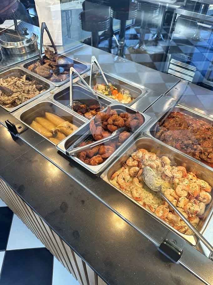 The steam table showcases today's offerings like edible treasures, each pan holding someone's future favorite meal.