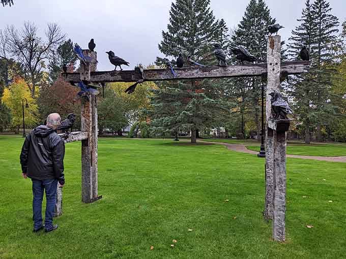 Ravens perched on weathered wood create a sculpture that Edgar Allan Poe would have absolutely loved seeing.