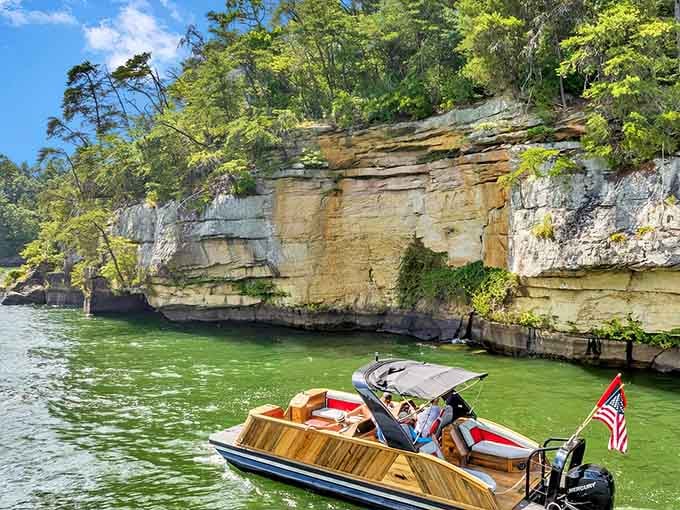 Cruising past ancient rock formations in style, because lake life and good boats go together perfectly.