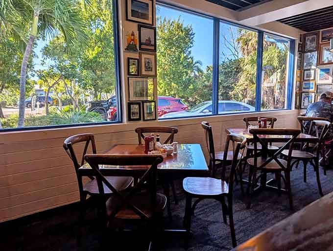 Window seats offer people-watching opportunities while you wait for your inevitable food coma to arrive.