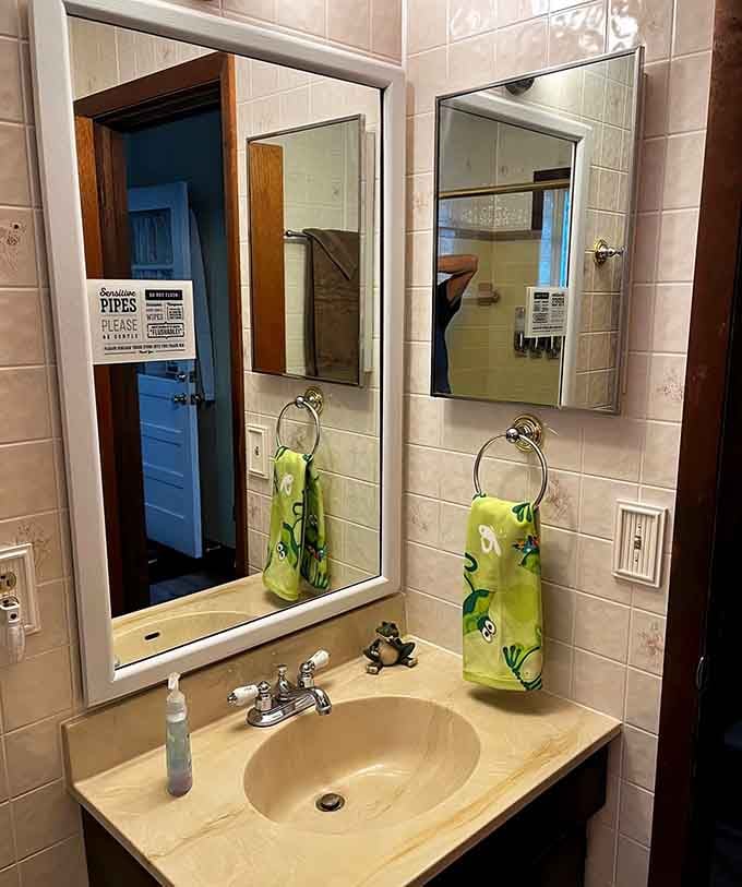 A clean, functional bathroom with cheerful frog towels—because even practical spaces deserve a little personality and whimsy.
