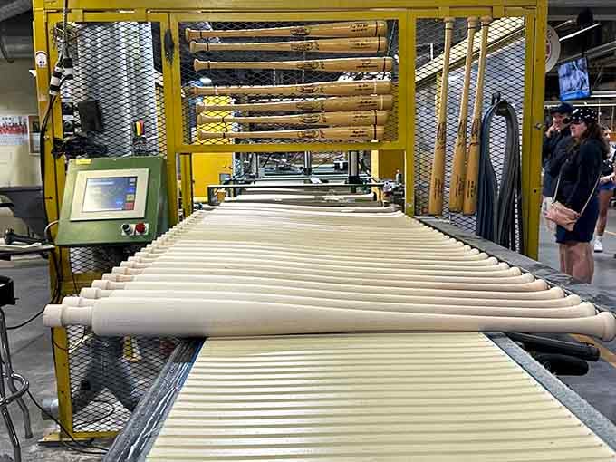 The automated machinery that shapes raw wood into professional-grade bats, working with precision that would make a Swiss watchmaker jealous and proud.