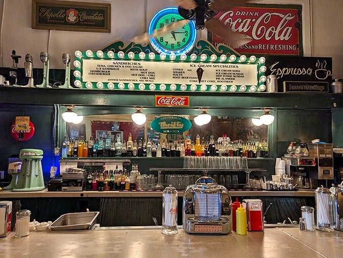 Every inch of wall space tells a story, from Coca-Cola signs to antique clocks keeping time beautifully.