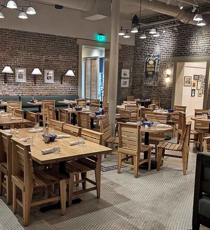 Those wooden tables practically whisper "sit down, relax, and prepare for some seriously good seafood."