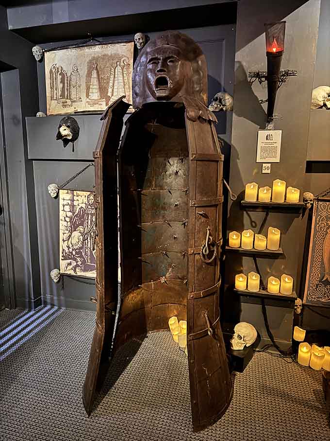 The Iron Maiden stands ready to give the world's most uncomfortable hug, making awkward family reunions seem absolutely delightful.