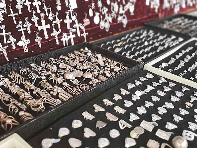 Jewelry displays glinting in the sunlight, offering adornment options from simple to seriously statement-making.