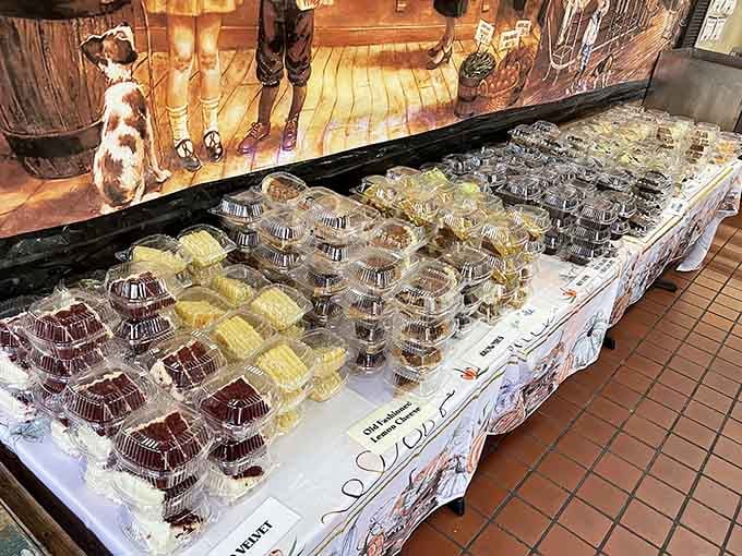 That dessert display could tempt a saint, with rows of sweet treats waiting to ruin your diet.