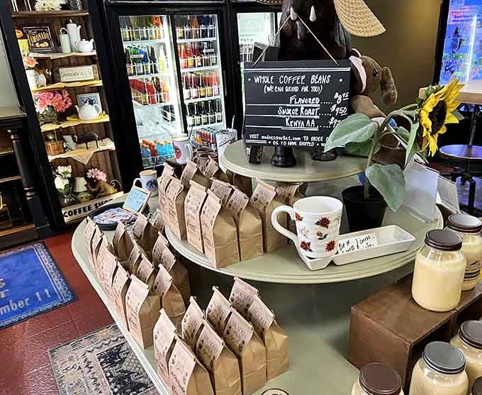 Whole bean coffee bags lined up like soldiers ready to caffeinate the entire neighborhood into productivity.