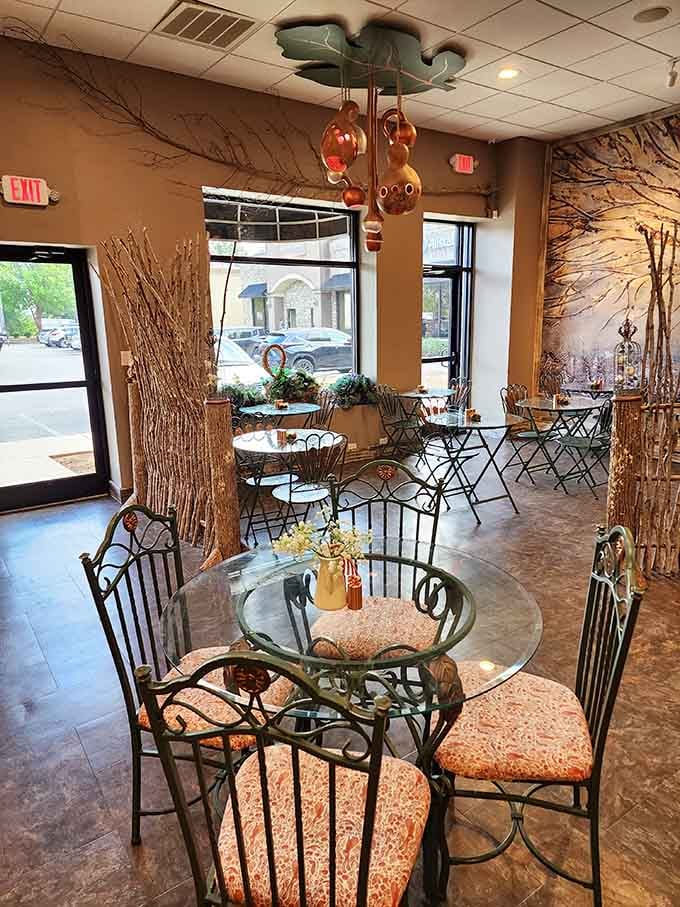 Rustic wood accents and whimsical touches create a space where fairy tales meet Southern hospitality over excellent coffee.