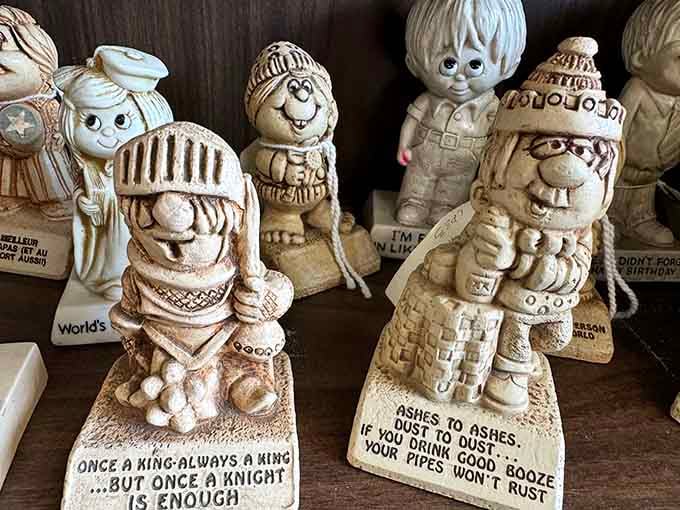 These quirky ceramic characters with their punny sayings are peak 1970s humor, perfectly preserved in time.
