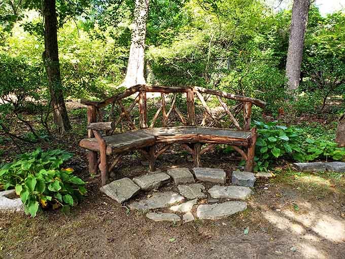 A rustic bench placed perfectly for contemplating life or just enjoying the view.