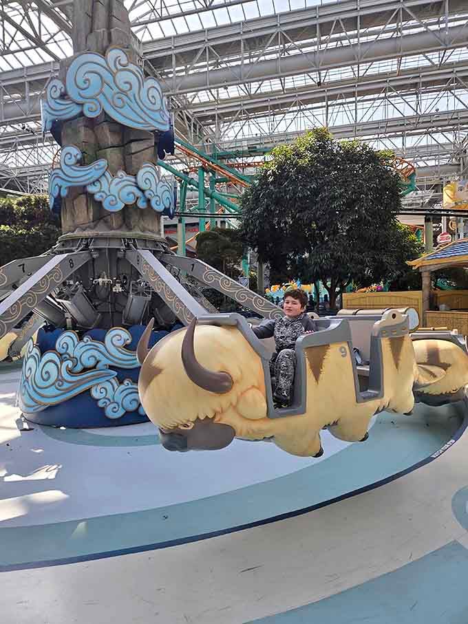 Avatar Airbender lifts riders skyward, offering mall views that somehow feel more majestic than they should logically be.