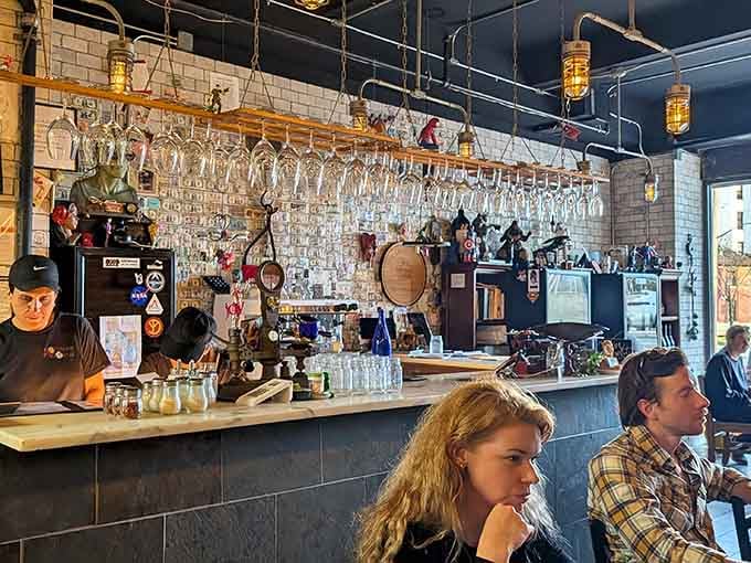 The bar area gleams with glasses and bottles, ready to complement whatever culinary adventure the nonnas have planned.