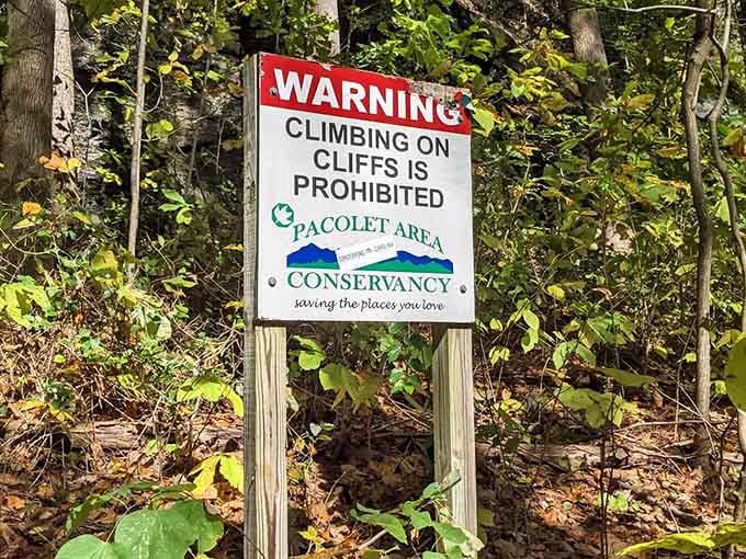 This sign reminds visitors that cliff climbing is prohibited, because apparently some people need reminding about gravity and common sense.