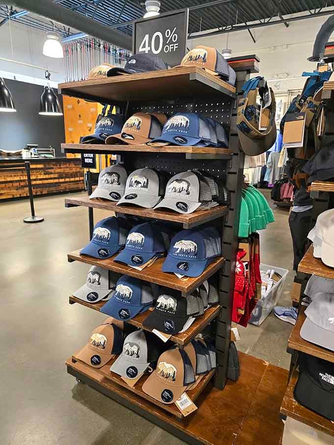 Caps stacked high promise outdoor adventure credibility&mdash;even if your biggest expedition is the grocery store.