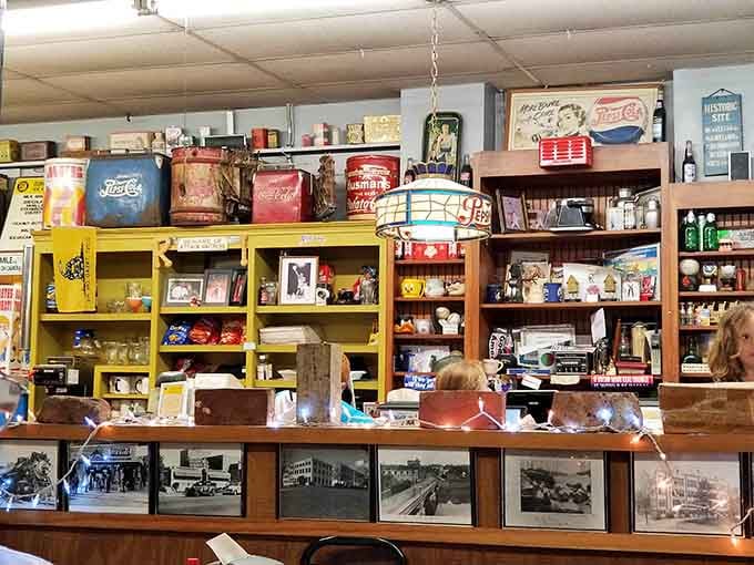 Vintage Pepsi coolers and colorful shelves create a collector's paradise where lunch comes with a side of nostalgia.