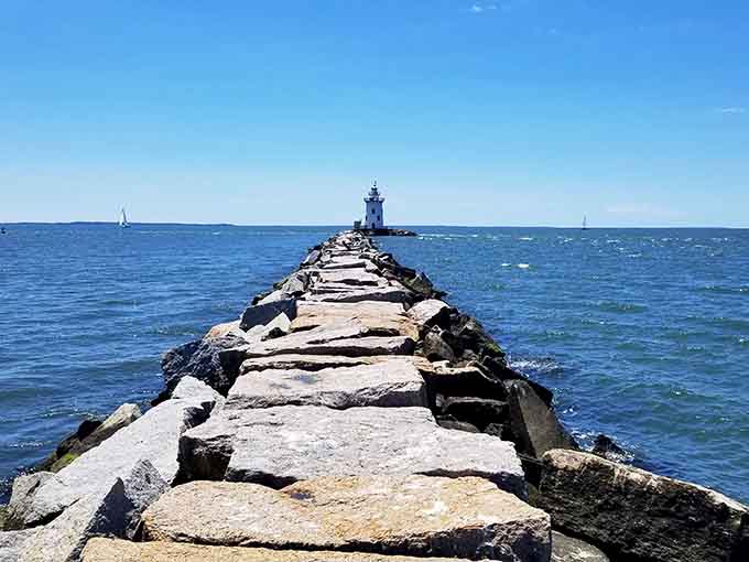 Saybrook Breakwater Lighthouse stands sentinel where the river meets the sound, Instagram-ready since way before Instagram.