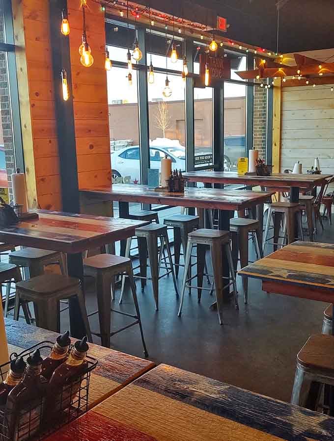 Industrial chic meets backyard barbecue in a space designed for serious eating and zero pretension whatsoever.