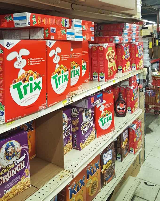 Trix cereal boxes stacked tall, bringing back childhood memories at prices that make breakfast fun again for everyone.