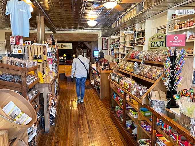 Shelves packed with local treasures, old-fashioned candy, and hiking essentials create the perfect browsing experience while waiting.