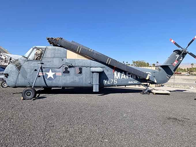 Marine helicopters have seen everything from combat to rescue missions, and this one's earned its retirement in the desert. Photo credit: <a href="https://maps.google.com/maps/contrib/105614816206912228267" target="_blank" rel="noopener noreferrer">Will Cavin</a>