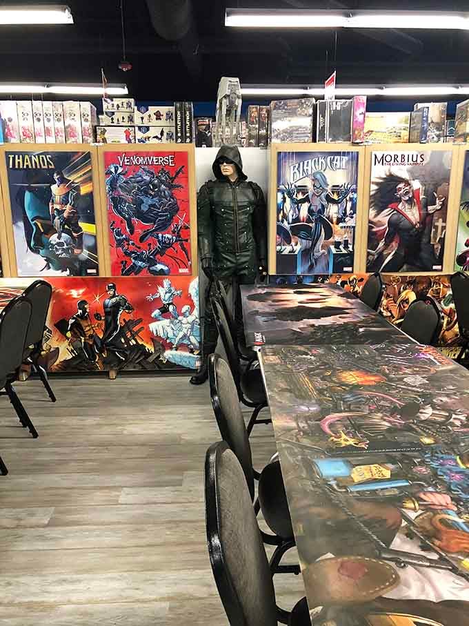 Comic posters line the walls while comfortable seating beckons fans to stay awhile and discuss their favorite storylines.