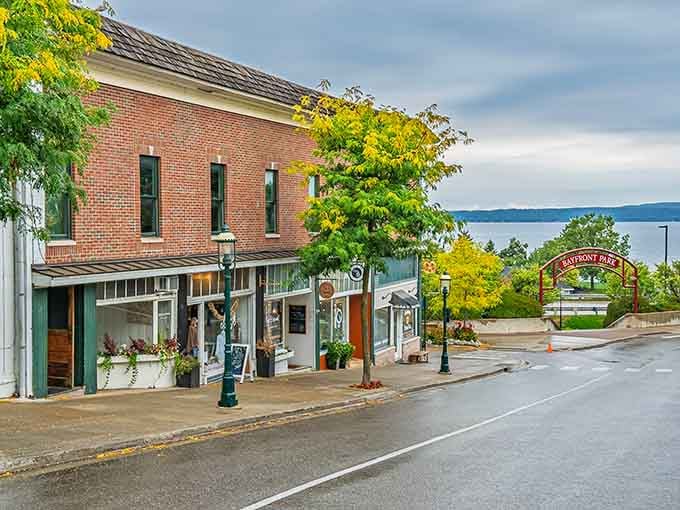 Downtown streets lined with local shops and zero chain stores, because Petoskey decided authenticity beats corporate sameness every single time.