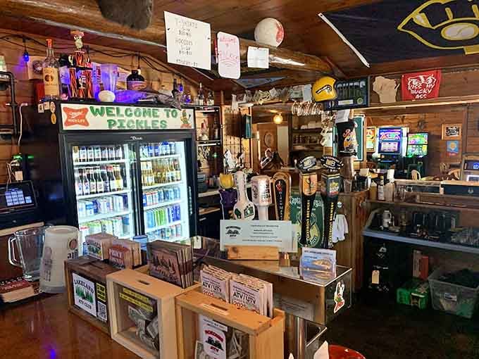 A well-stocked bar area complete with an ATM, because Pickles keeps things refreshingly old school with cash only.