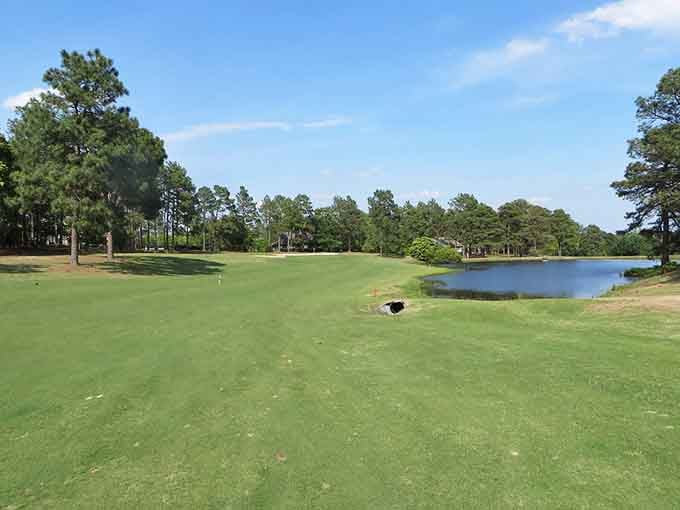 Golf courses here feature water hazards that look almost too pretty to worry about your ball landing there.