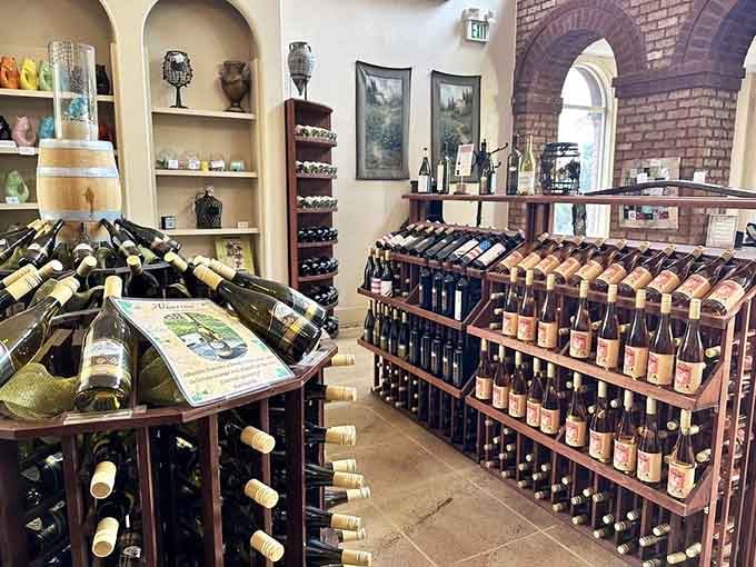 Rows of bottled wines waiting to go home with you, like puppies at a shelter but with better aging potential.