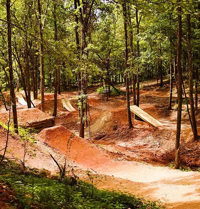 Bermed turns and wooden ramps weave through the trees like a roller coaster designed by someone who really understands fun.