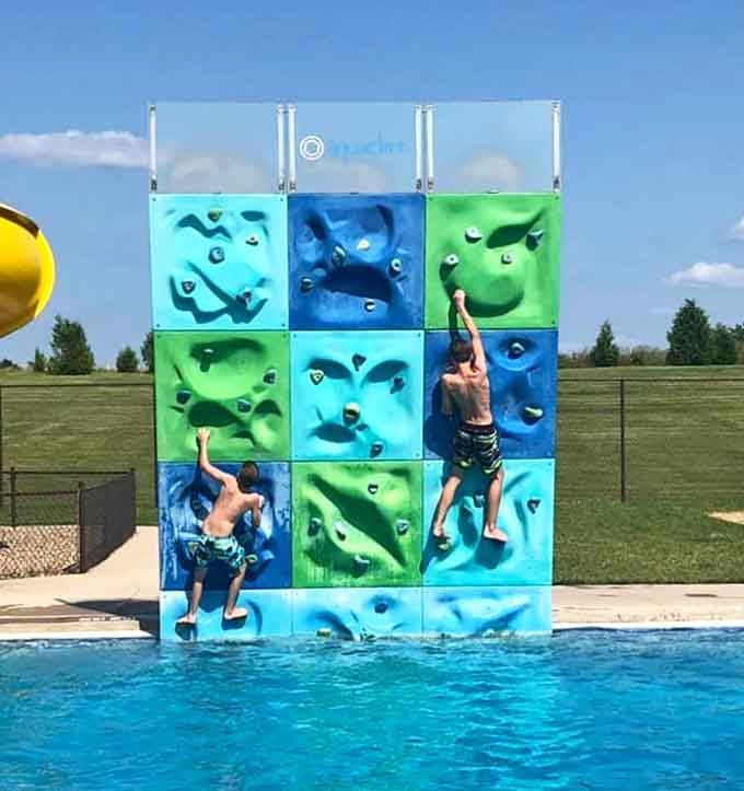 This climbing wall adds adventure for kids who think regular swimming is just too easy somehow.