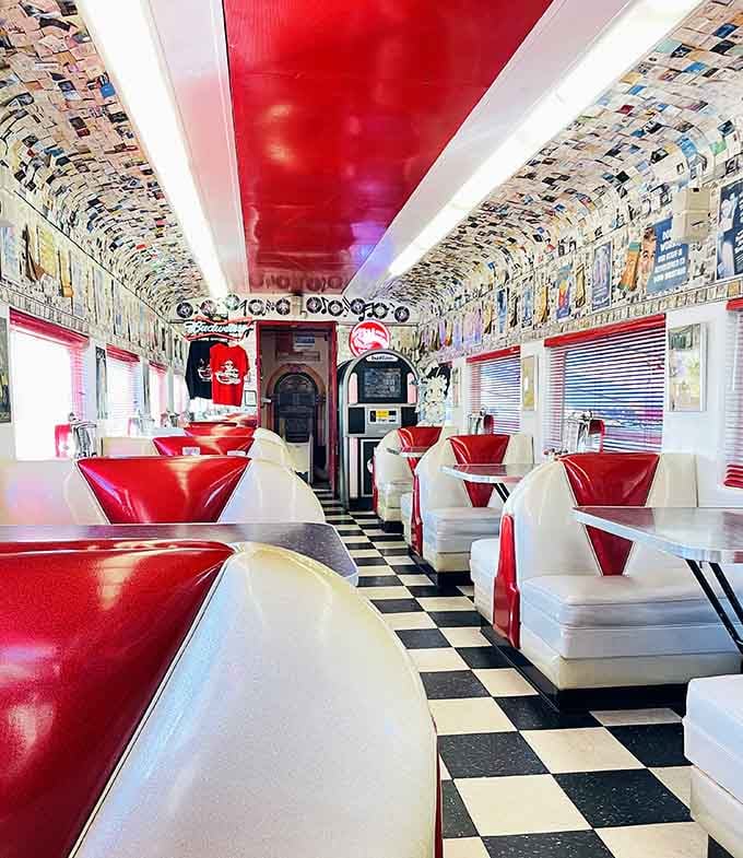 That gleaming red ceiling and walls papered with music history make every meal feel like a special occasion.