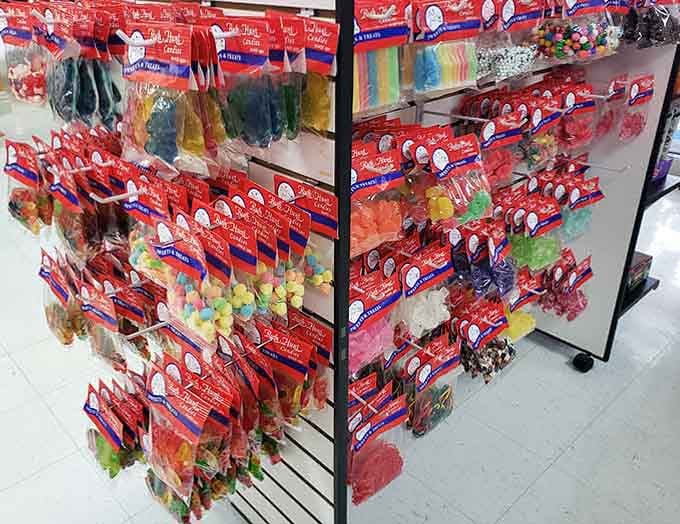 Bagged candies hanging like delicious ornaments, each one a potential solution to your afternoon snack situation.