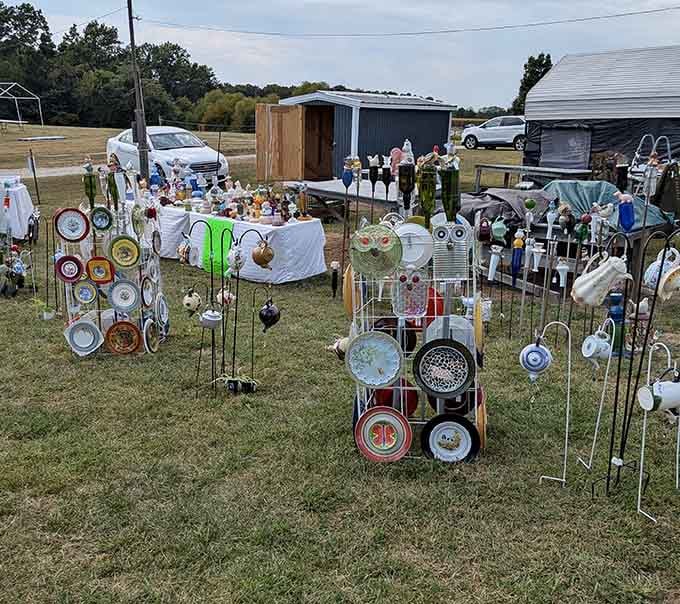 Garden art and repurposed treasures creating whimsical displays that prove one person's junk truly becomes another's creative inspiration.