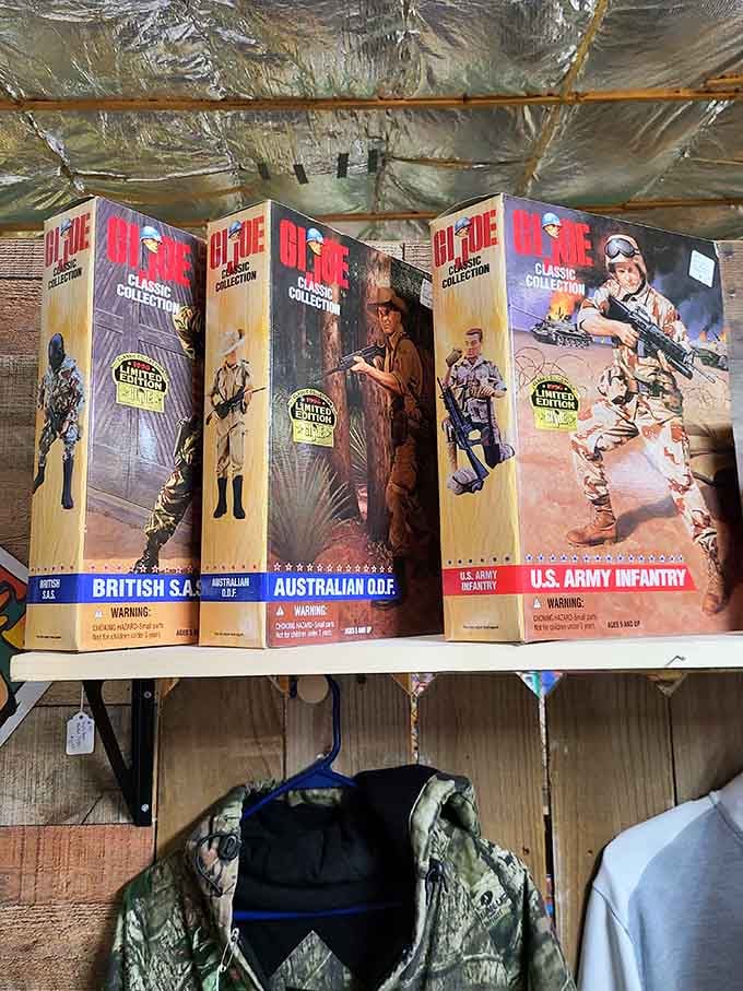 Vintage G.I. Joe figures still in boxes, making collectors' hearts skip faster than a double-time march at boot camp.