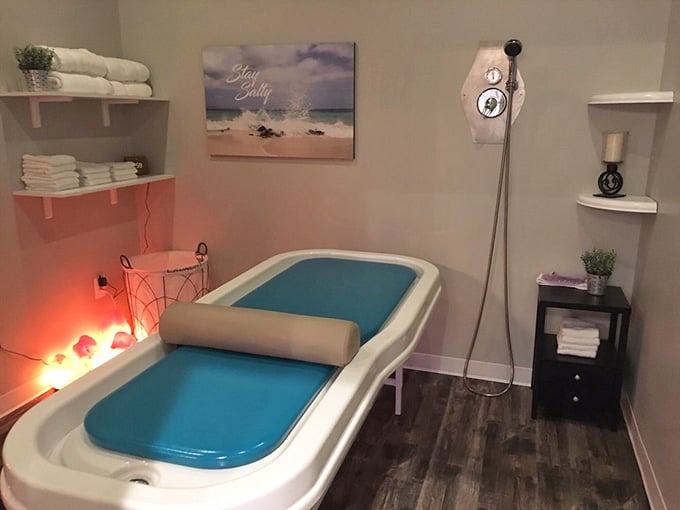 Aqua-blue water beds for wraps and scrubs. It's like a pool day without getting wet.