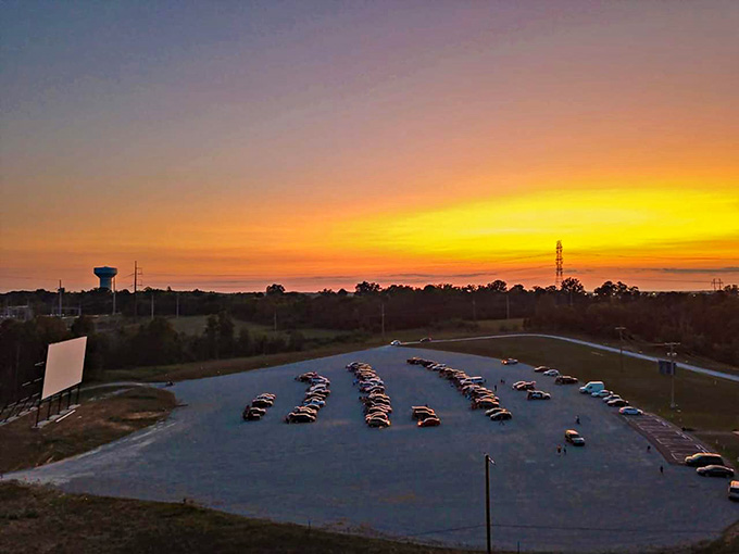 An aerial view captures the peaceful moment before showtime, when the lot fills and the Kentucky sunset steals the show.