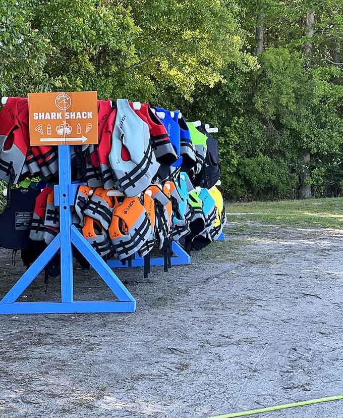 The Shark Shack keeps life jackets ready because safety first, dignity second, fun always wins third place.