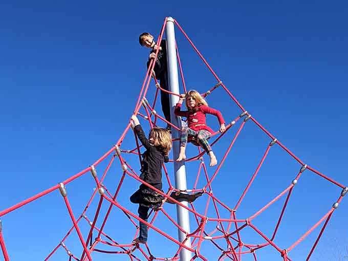 That rope pyramid challenges young climbers while parents nervously watch from below, cameras ready always.