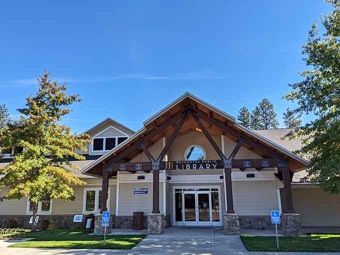 The Sisters Library proves even book repositories get the architectural charm treatment in this consistently themed mountain town.