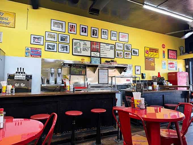 Counter seating with a view of the kitchen means you can watch your lunch being made by people who've mastered it.