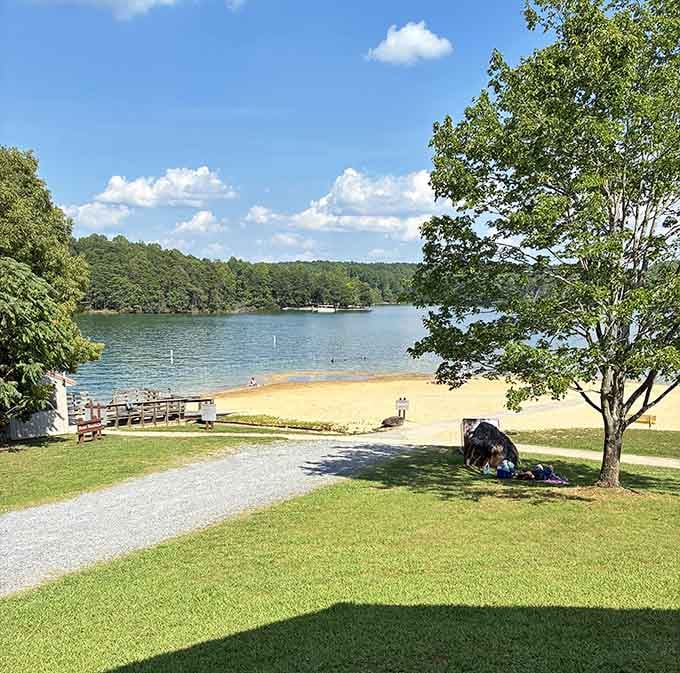Green grass meets golden sand in a combination that makes this beach uniquely beautiful and inviting.