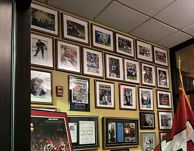 Those framed photos and memorabilia on the walls add personality and local pride without overwhelming the sophisticated dining atmosphere here.