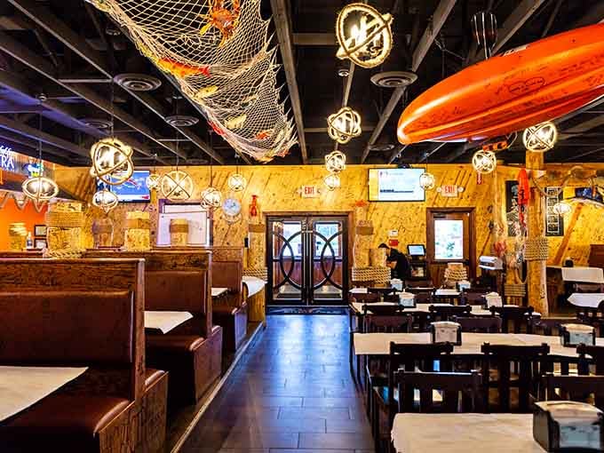 Wooden booths and nautical decor create the perfect backdrop for getting messy with a seafood boil and good company.